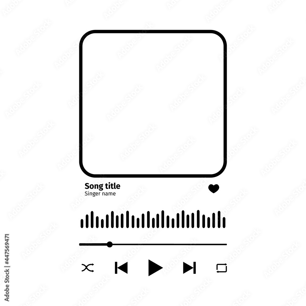 Song plaque with buttons, loading bar, equalizer sign and frame for album photo. Trendy music ...