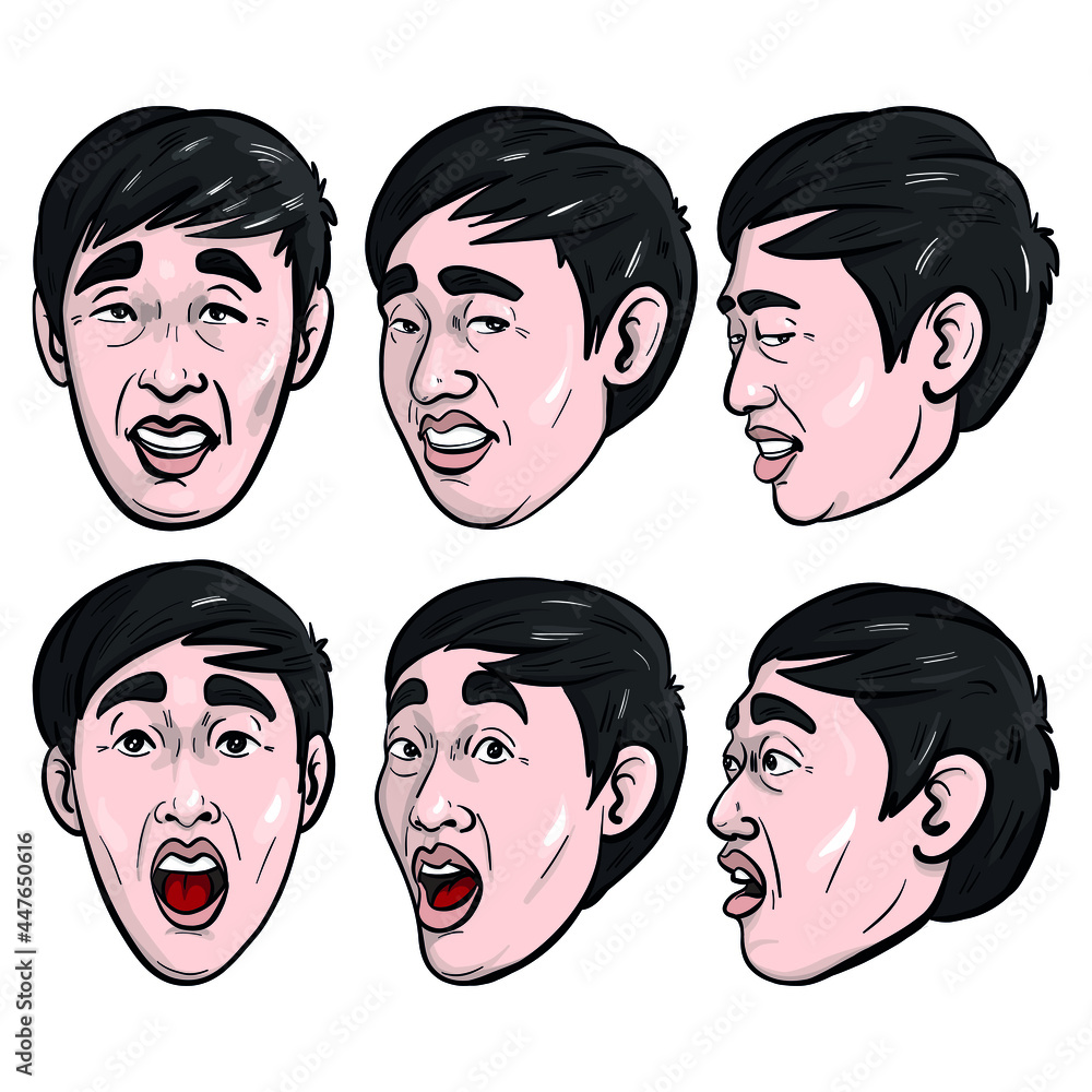 comic drawing of an asian male head in different angles and emotions ...