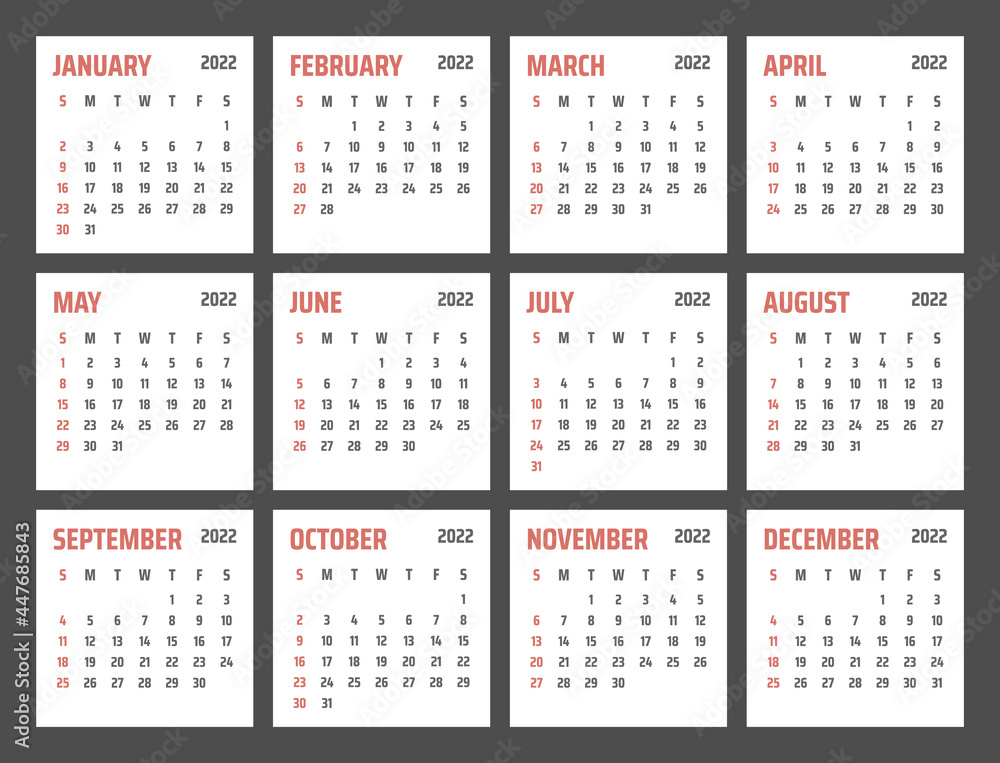 2022 year calendar, calendar design for 2022 starts sunday 素材庫向量圖 ...