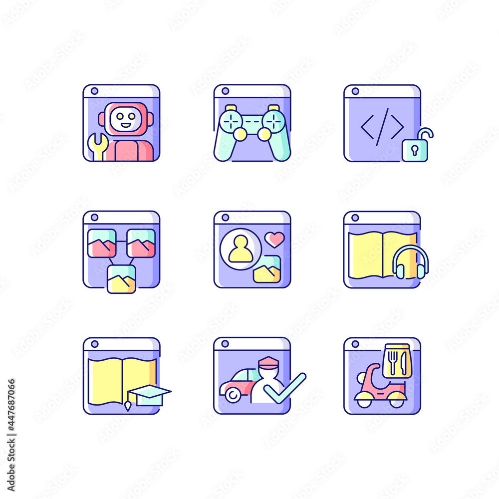 Public-facing internet applications RGB color icons set. Robotics ...