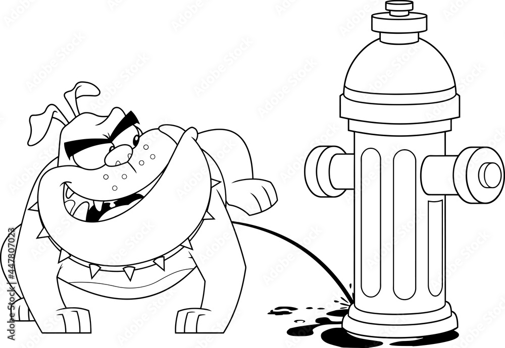 Outlined Bulldog Cartoon Mascot Character Peeing On A Fire Hydrant ...