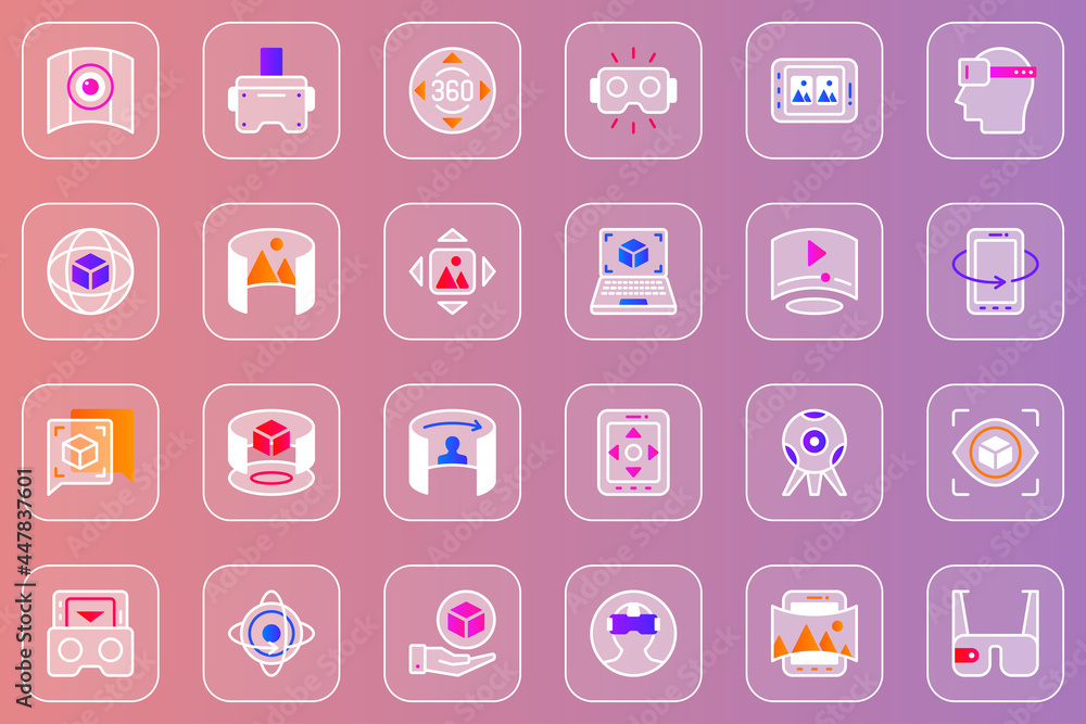 Virtual reality web glassmorphic icons set. Pack outline pictograms of ...