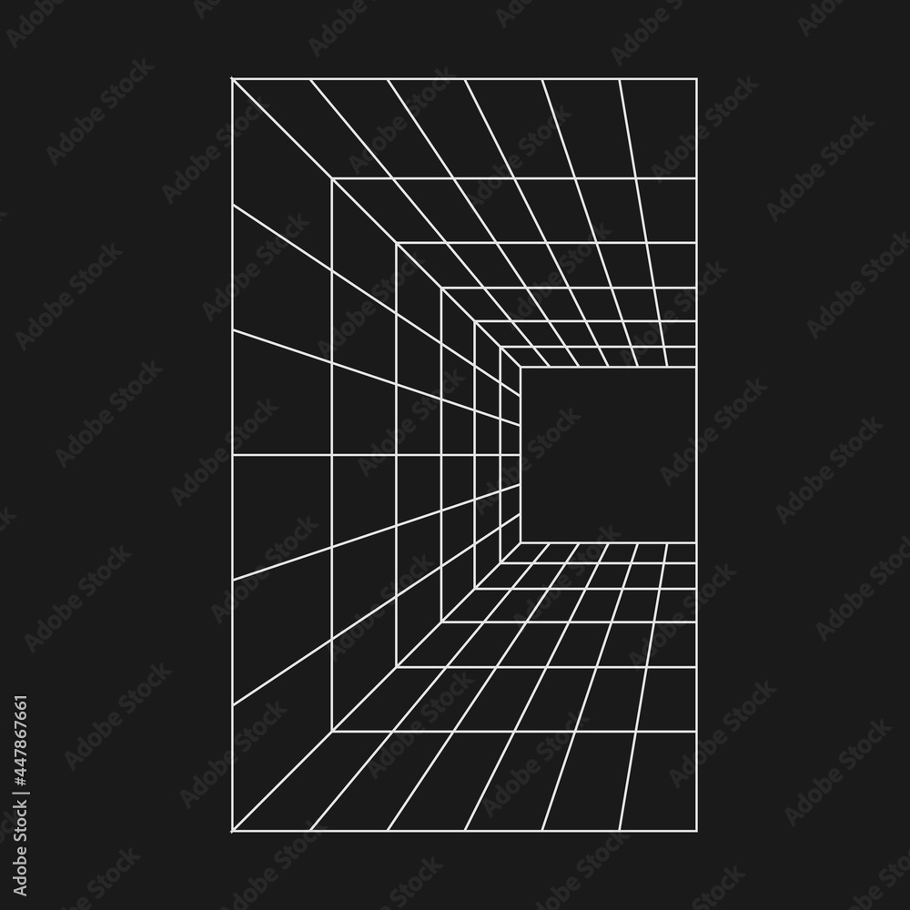 Retrofuturistic perspective grid tunnel. Cyber retro design element. Wireframe tunnel in ...