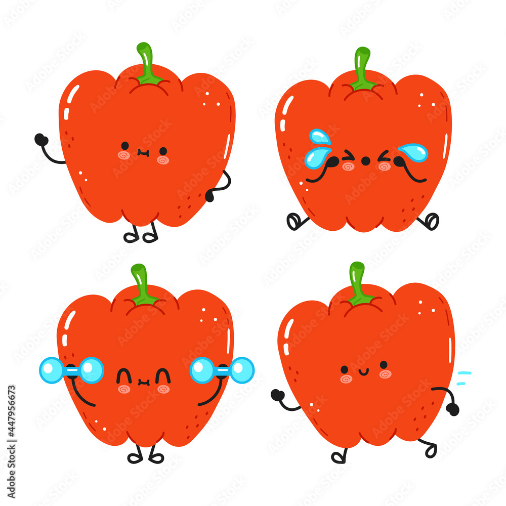 Funny cute happy red pepper characters bundle set. Vector kawaii line ...