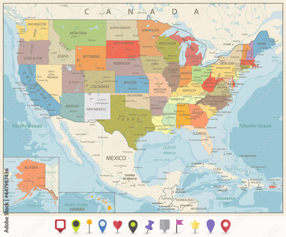 Vintage Color Political Map of USA and Flat Map Pointers Stock Vector ...