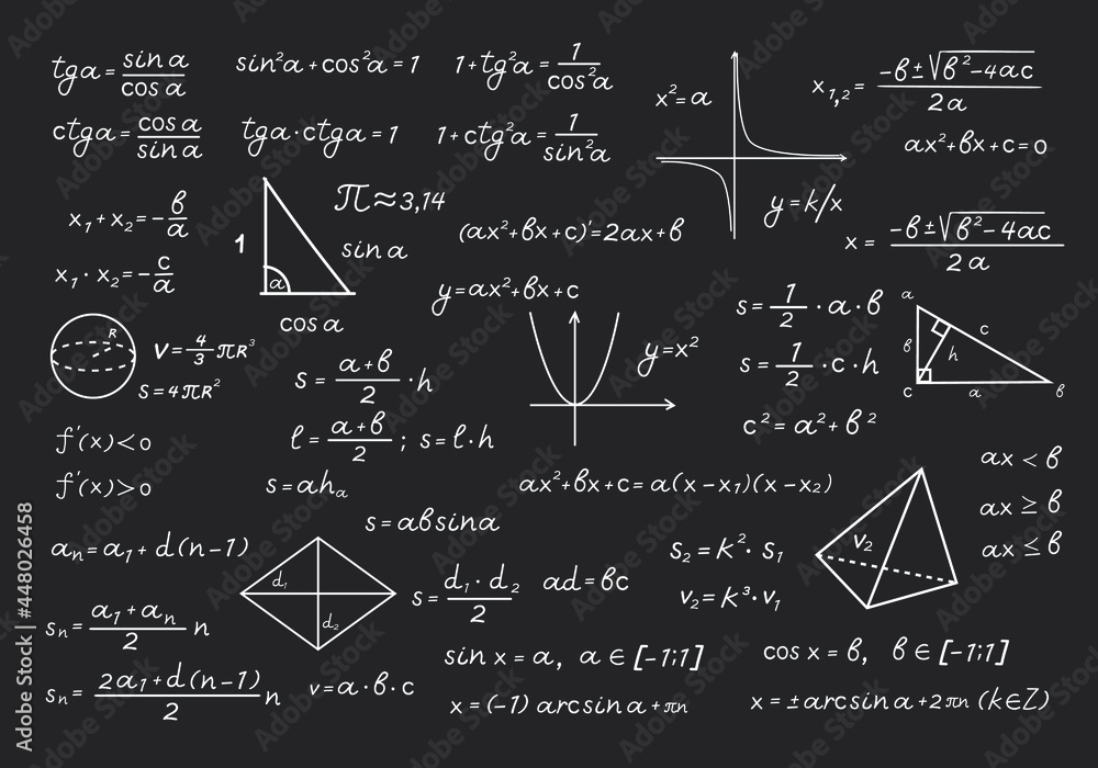 Chalkboard in mathematical formulas and calculations illustration ...