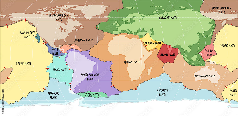 World Map Showing Tectonic Plates Boundaries Stock Vector | Adobe Stock
