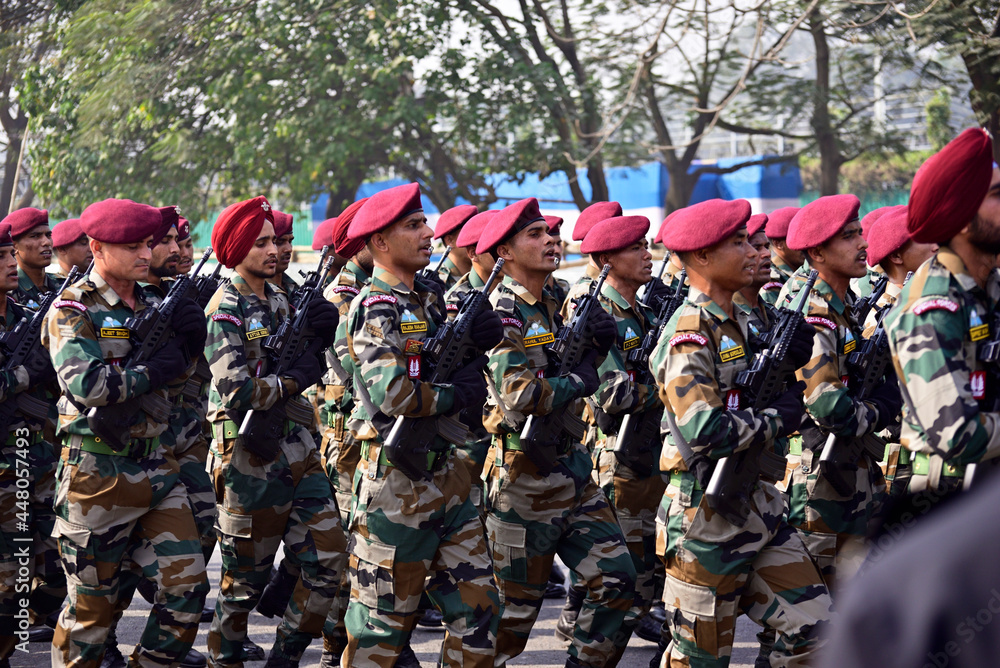 Calcutta, India - January 24, 2016: Indian army practice their parade ...