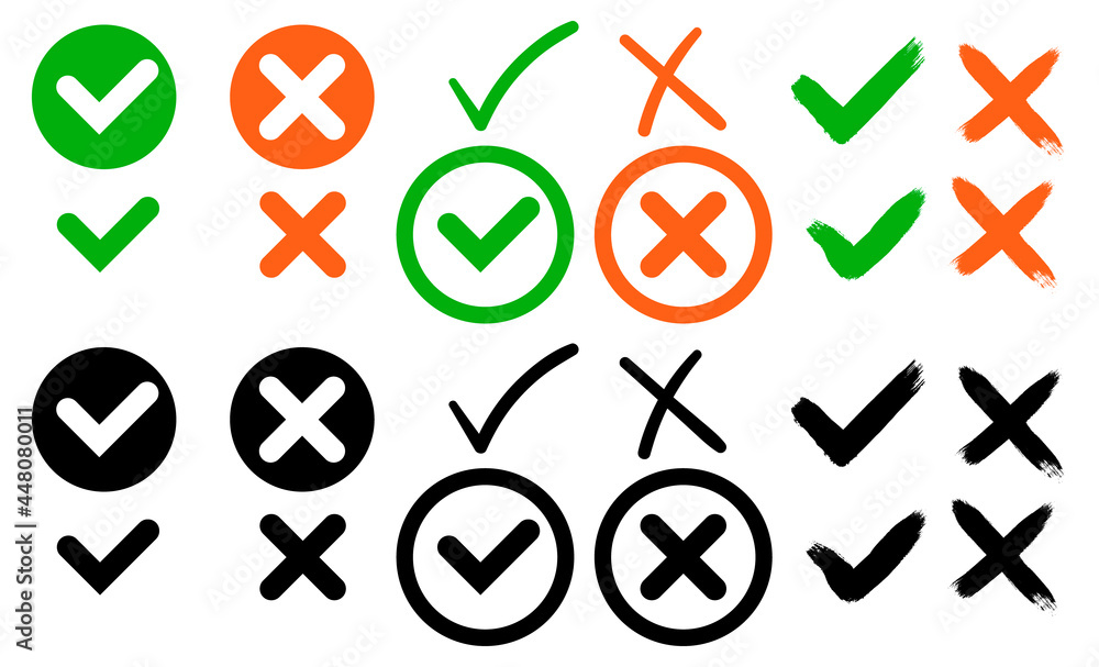 Check and wrong icons set of check marks. Green tick, red cross, black ...
