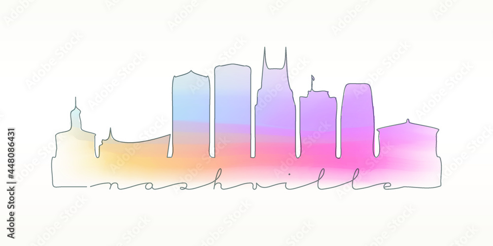 Nashville, TN, USA Skyline Watercolor City Illustration. Famous ...