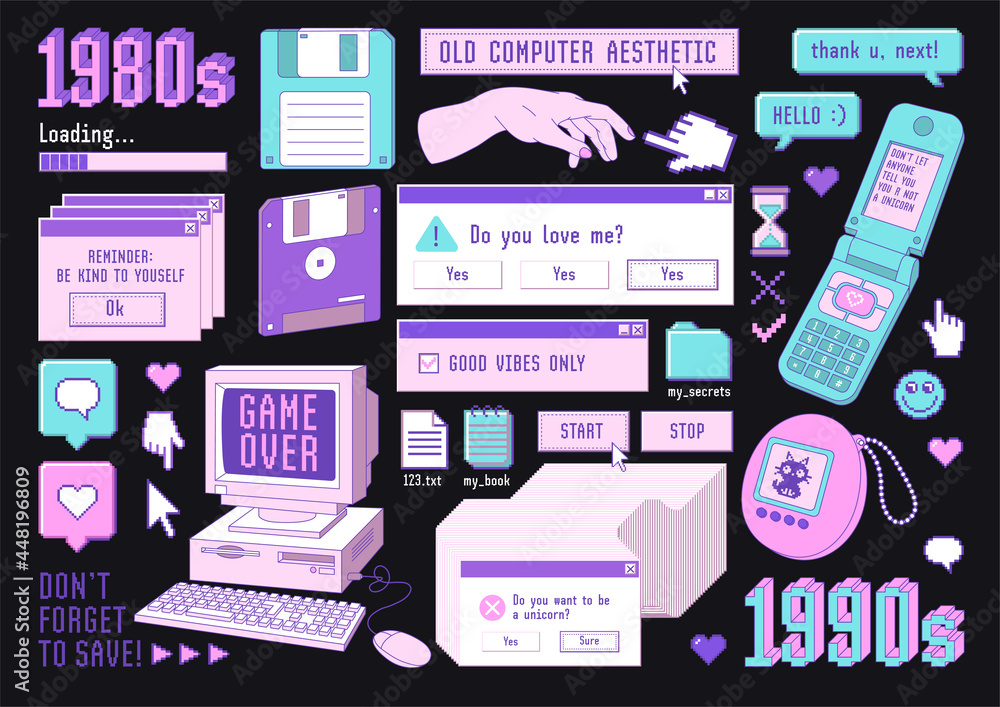 Sticker pack of retro pc elements. Old computer aestethic 1980s -1990s ...