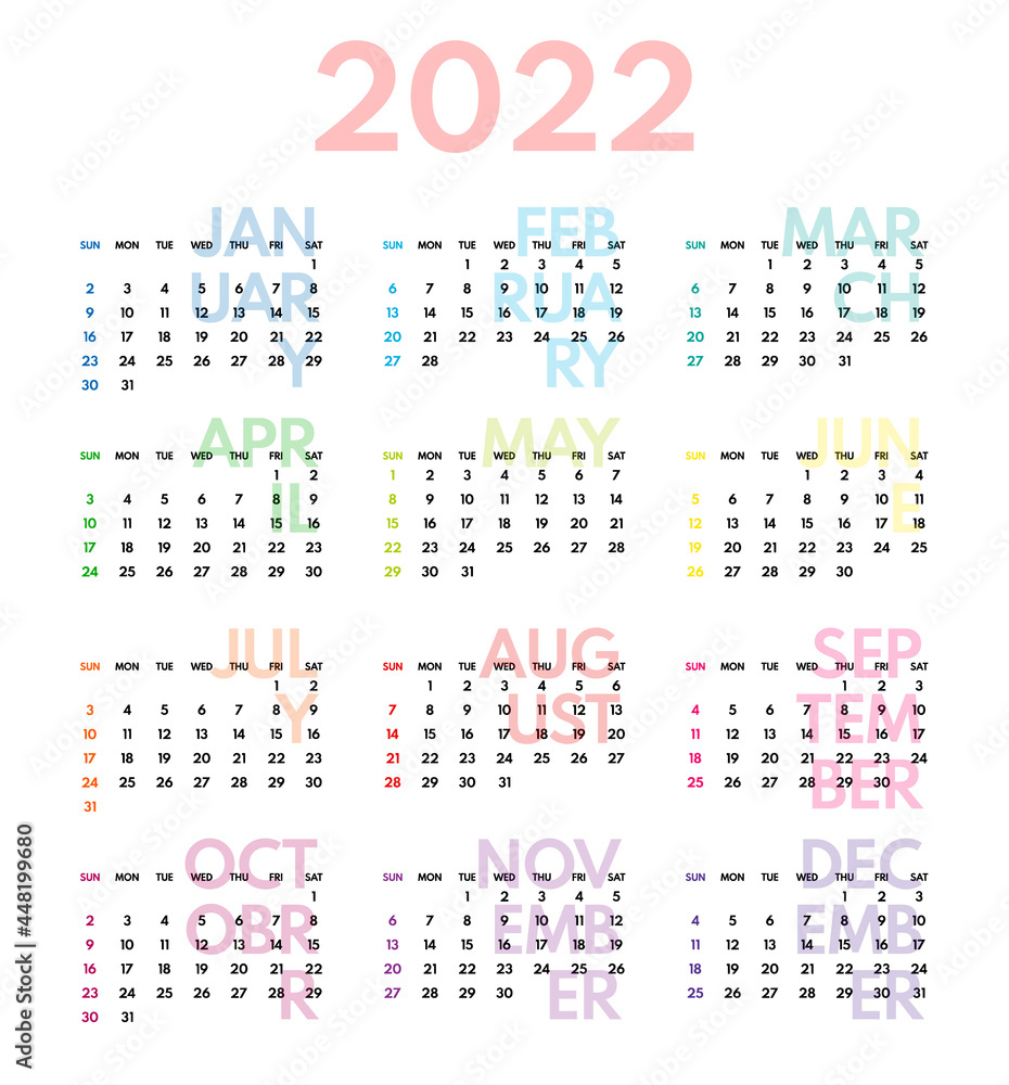 2022 colorful monthly full year calendar layout, printable vector ...