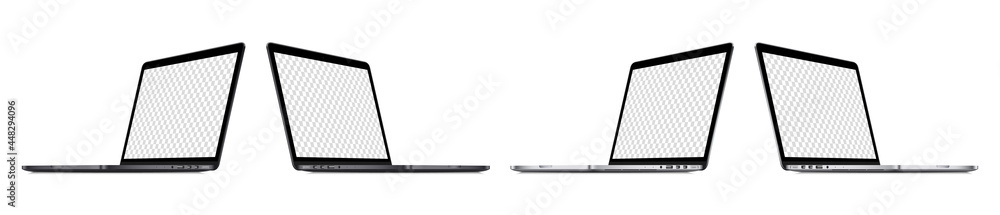 Laptop computer sideway view mockup vector set. PC black and silver ...