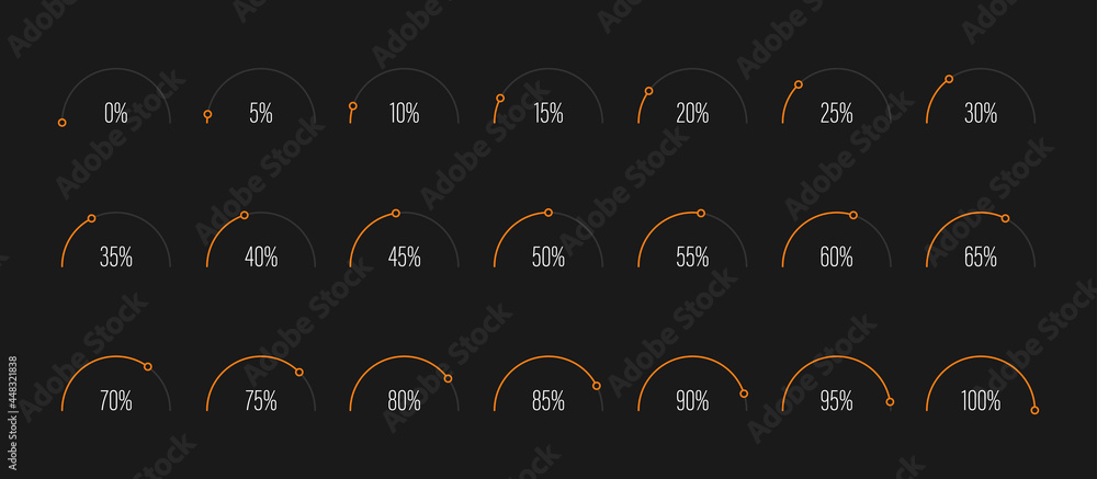 Set of semicircle arc percentage diagrams progress bar meters from 0 to ...