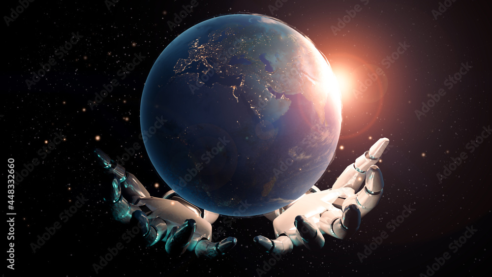 Artificial intelligence mechanical robot hand holding global world in ...