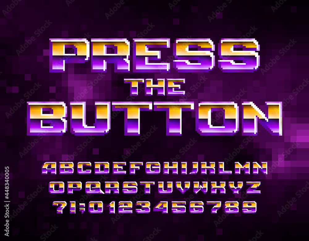 Press the Button alphabet font. Pixel letters and numbers in 80s video ...