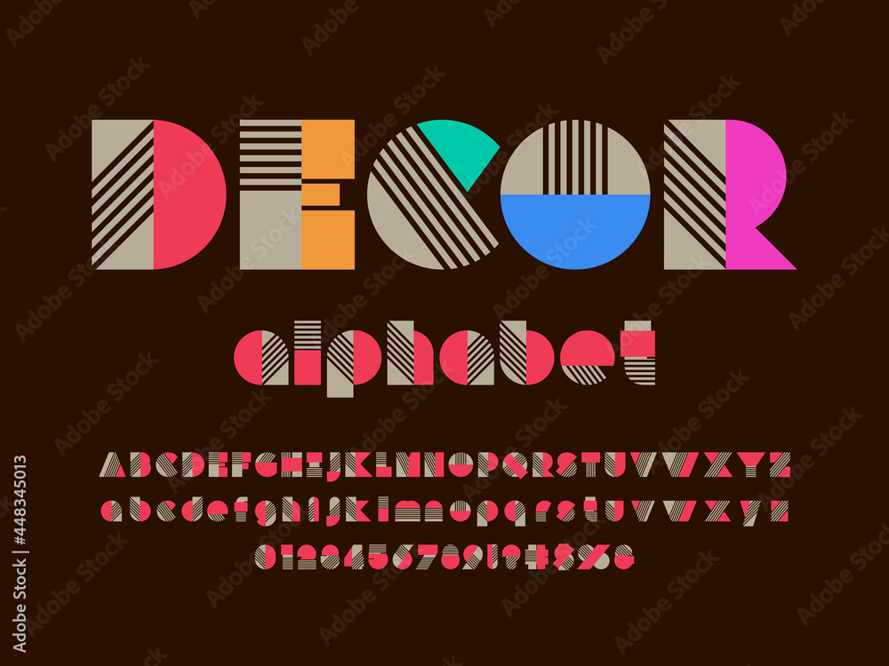 Art deco style alphabet design with uppercase, lowercase, numbers and ...