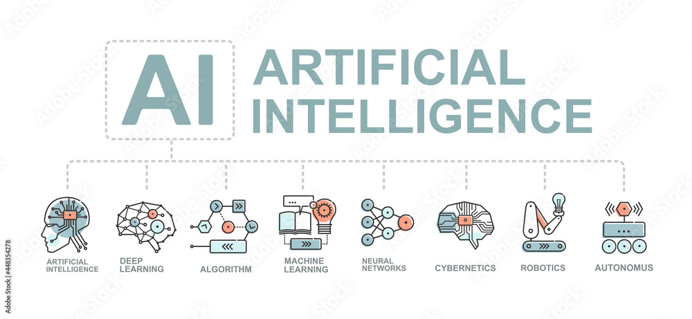 Artificial Intelligence thin line icons of AI, neural network ...