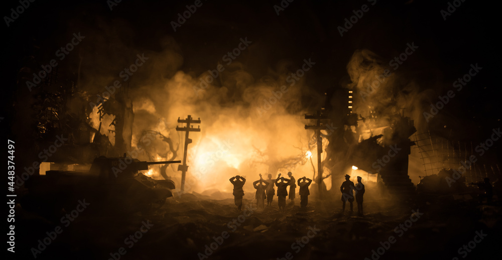 Battle scene. Military silhouettes fighting scene on war fog sky ...