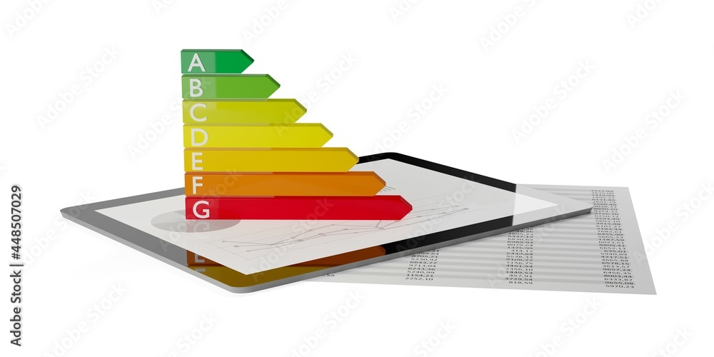 European energy classification label on tablet pc with data sheet and ...