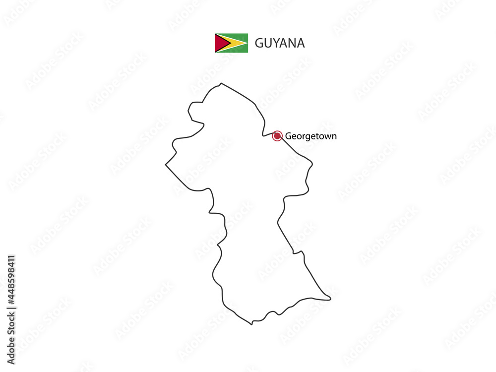 Hand draw thin black line vector of Guyana Map with capital city ...