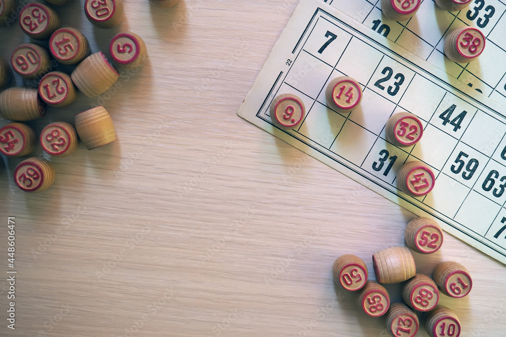 wooden barrels with numbers and cards for the lotto board game Stock ...