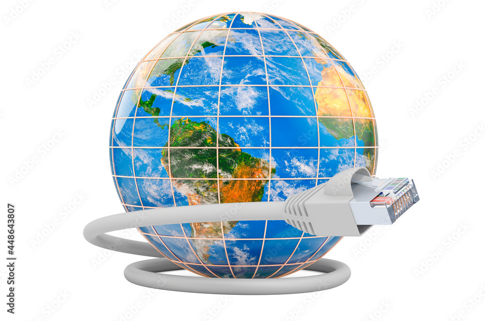 Lan cable with Earth Globe. Global Internet connection concept. 3D ...
