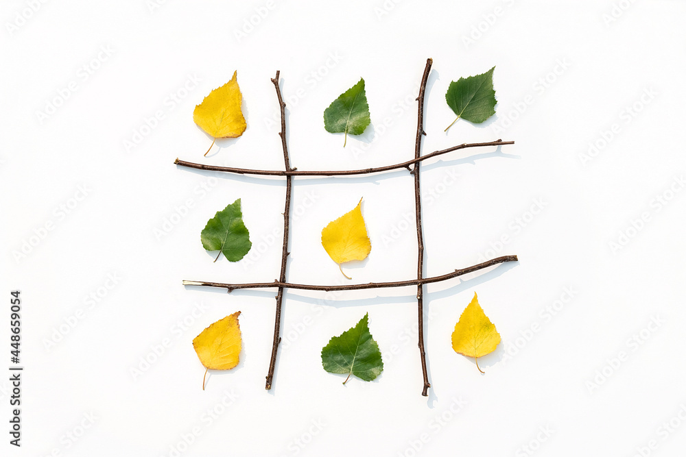 Creative autumn concept. Tic-tac-toe, noughts and crosses between ...