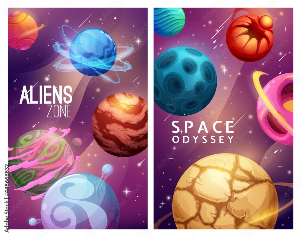 Aliens zone and space odyssey. Cartoon galaxy planets and stars ...
