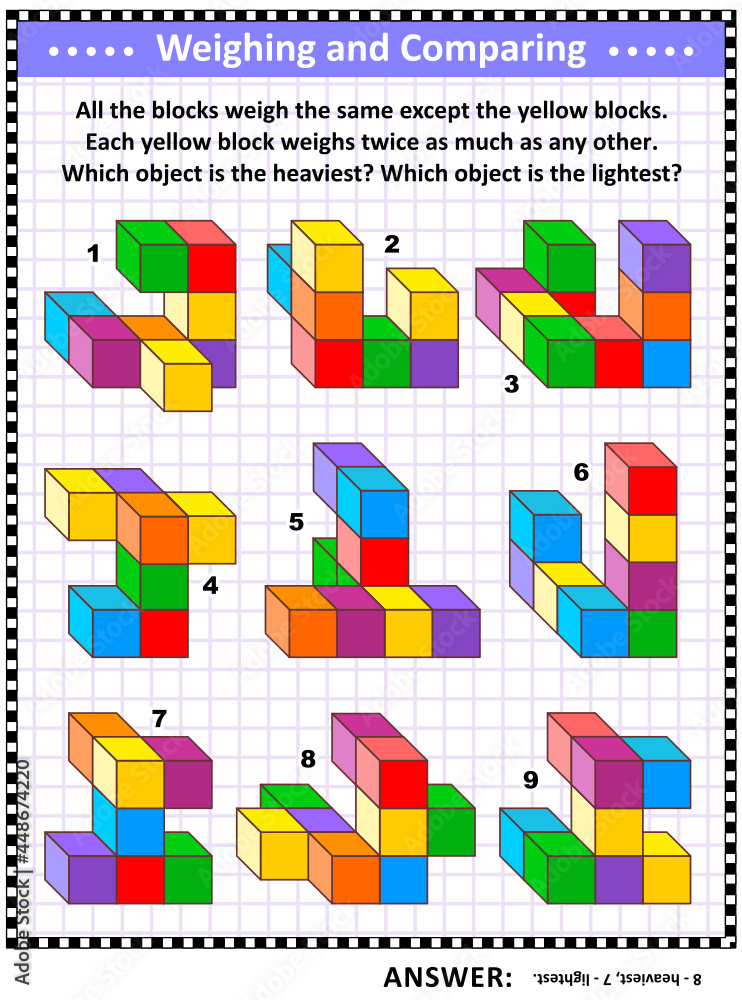 Weighing and comparing math puzzle: All the blocks weigh the same ...