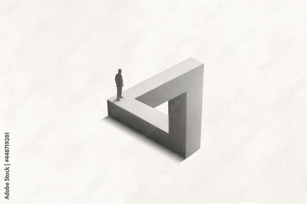 Illustration of man walking on Penrose triangle, optical illusion ...