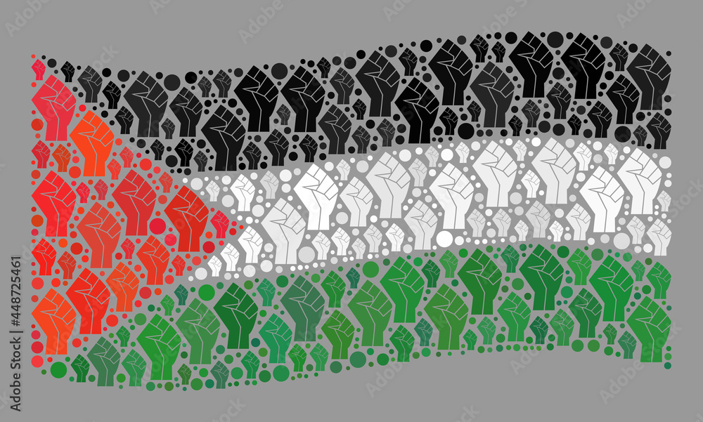 Mosaic waving Palestine flag created of protest elements. Strike hand ...