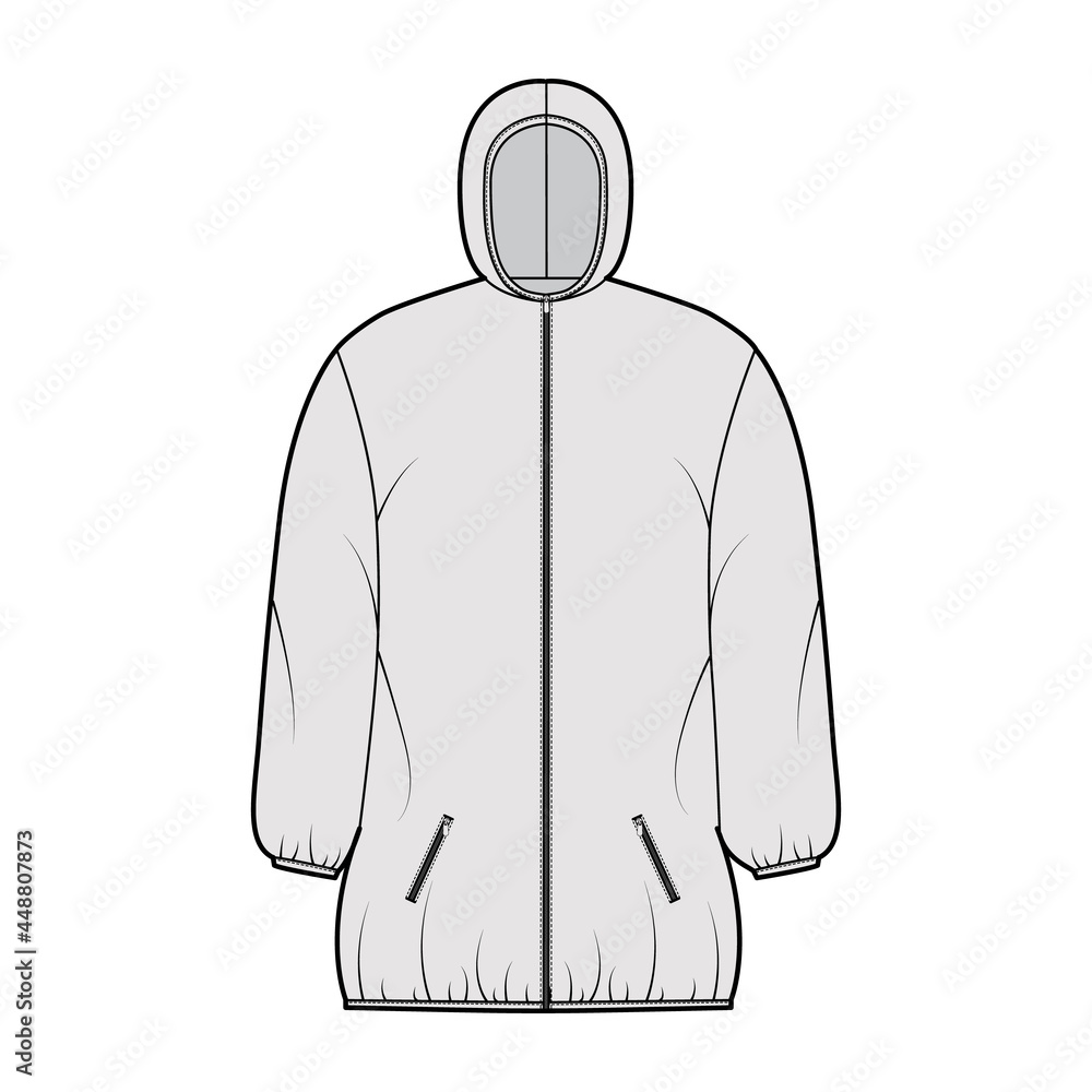 Down puffer coat jacket technical fashion illustration with long ...