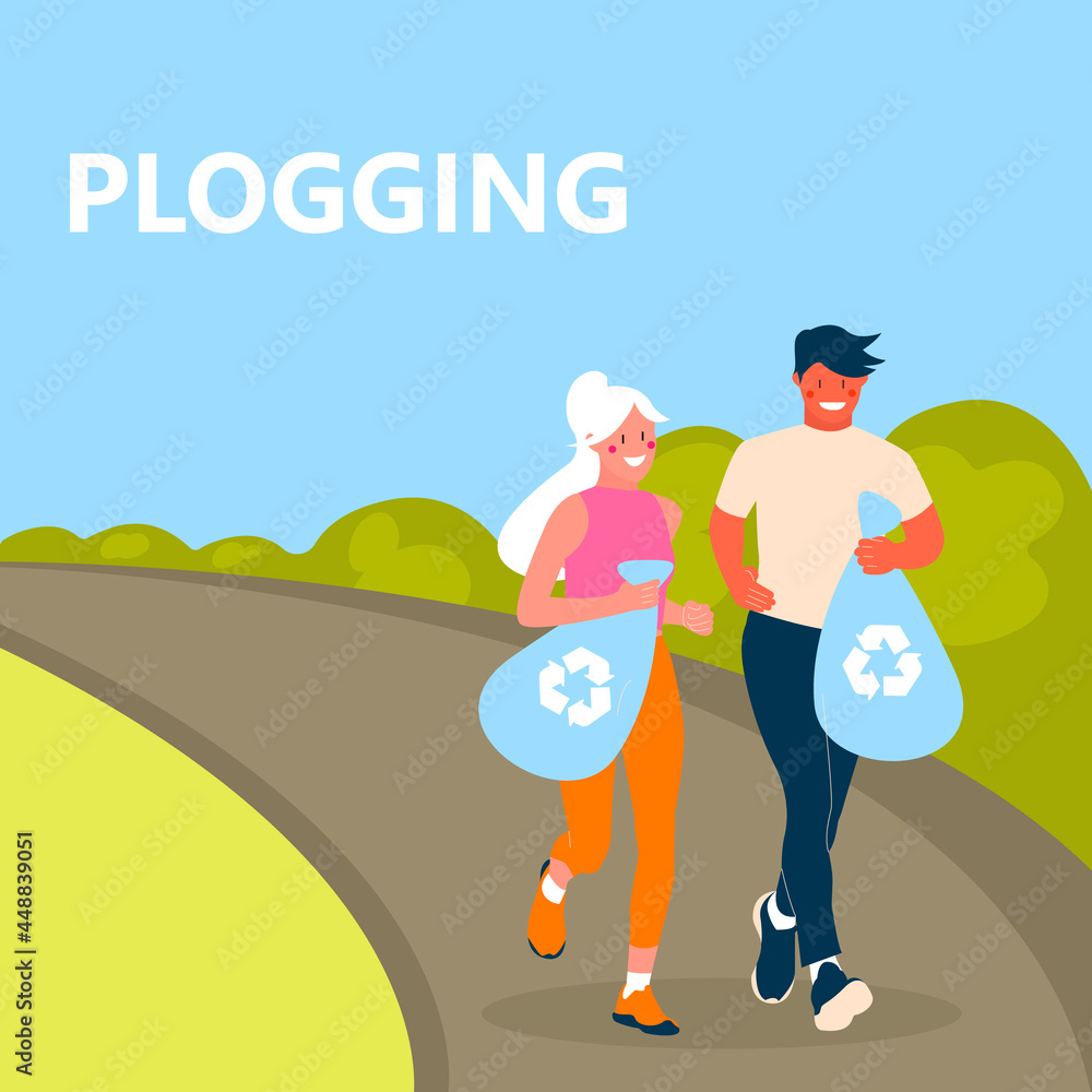 Plogging concept. Men and women jogging and collecting garbage. Couple ... Plogging concept. Men and women jogging and collecting garbage. Couple ...
