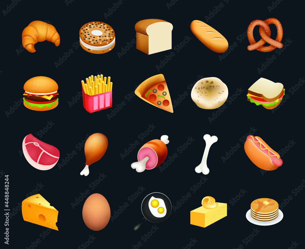 Bread and Bakery product emoji vector illustration set. Food flat ...