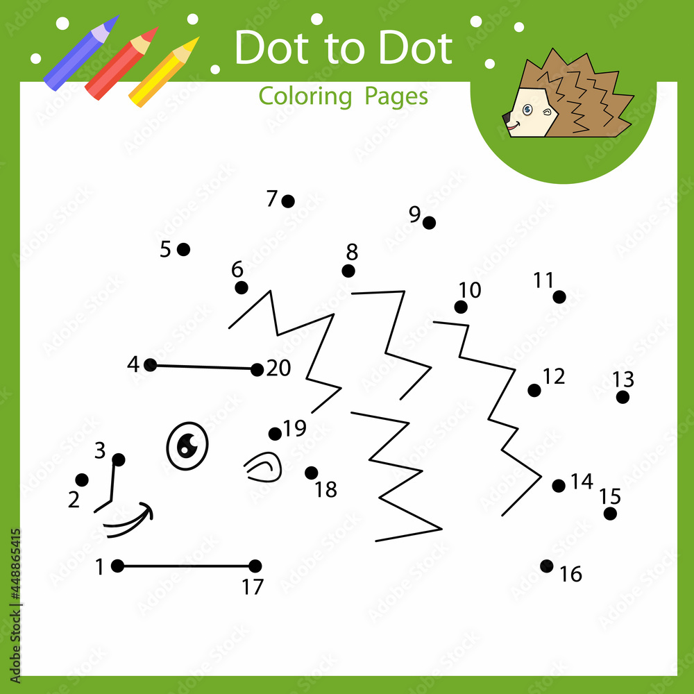 Dot to dot game. Connect drawing cute cartoon hedgehog. Activity ...