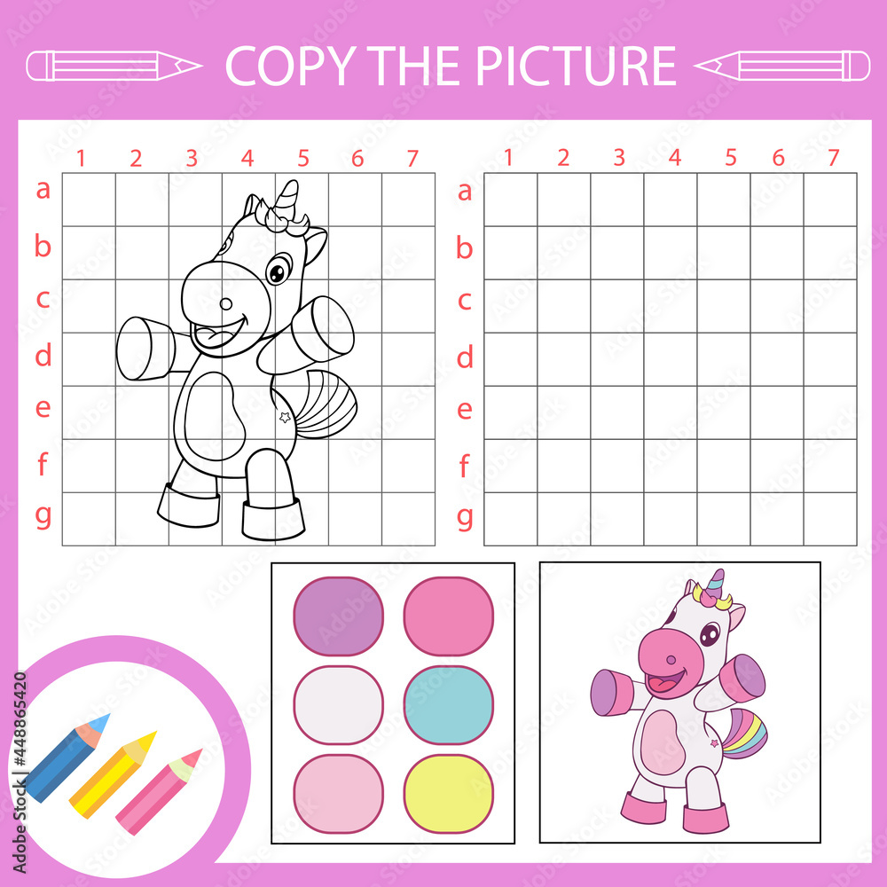 Image vectorielle Stock Kids draw activity game with unicorn. Coloring ...