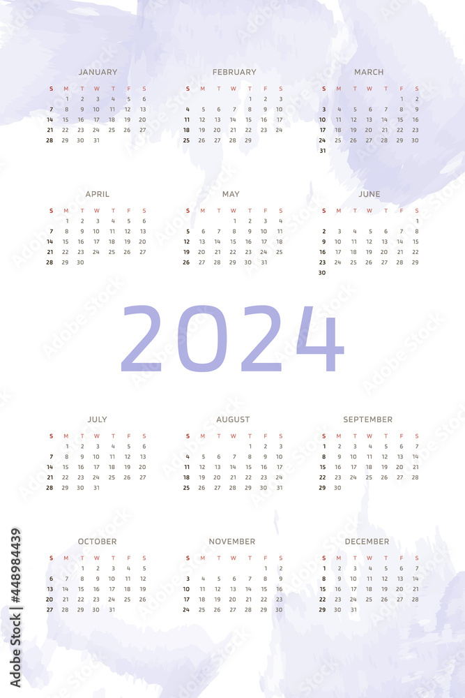 2024 calendar template on lilac purple hand drawn background with ...