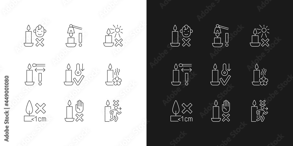 Candle safety precautions linear manual label icons set for dark and ...