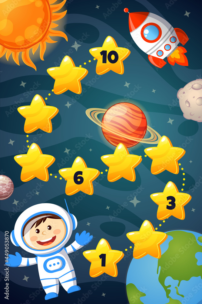 Space. Cosmonaut, rocket, sun, moon. Write the missing numbers ...