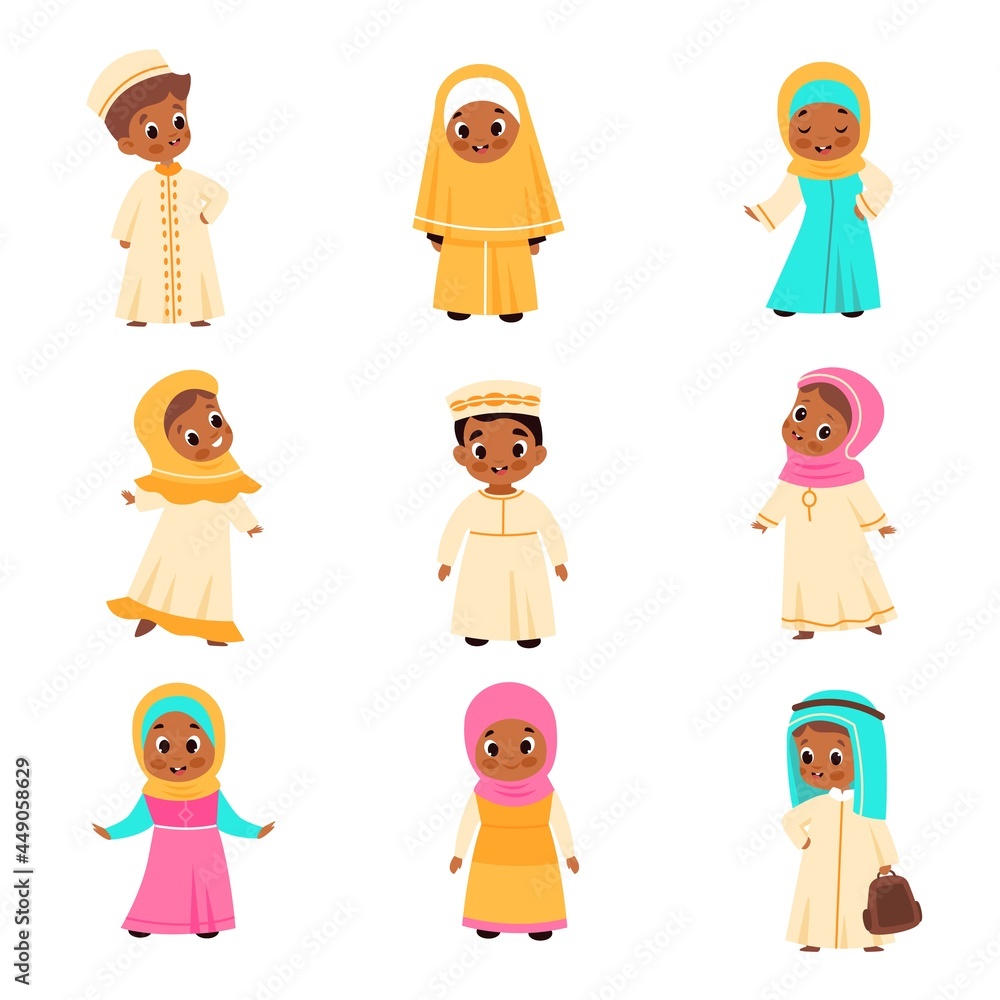 Muslim kids. Arabian children, happy islamic boys and girls in national ...