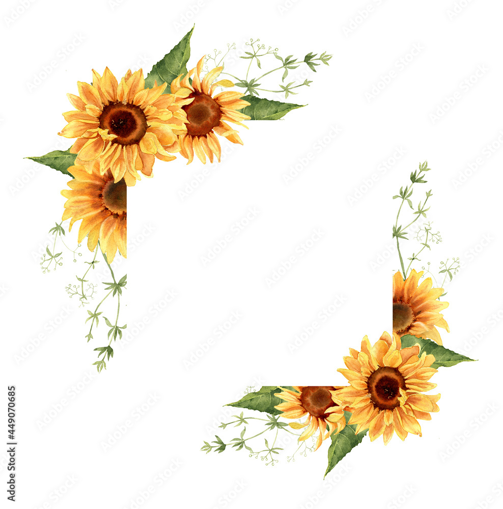 Sunflower banner. Watercolor floral frame. Yellow flowers for rustic ...