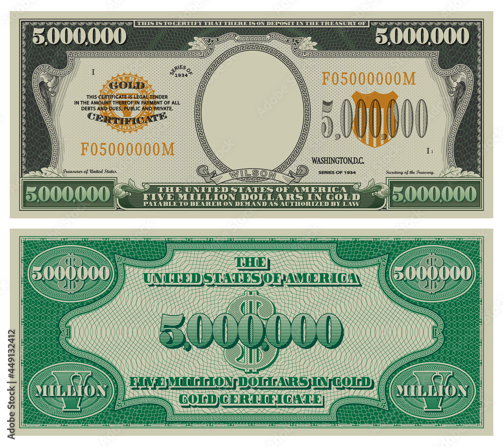 Fictional obverse and reverse of a gold certificate with a face value ...