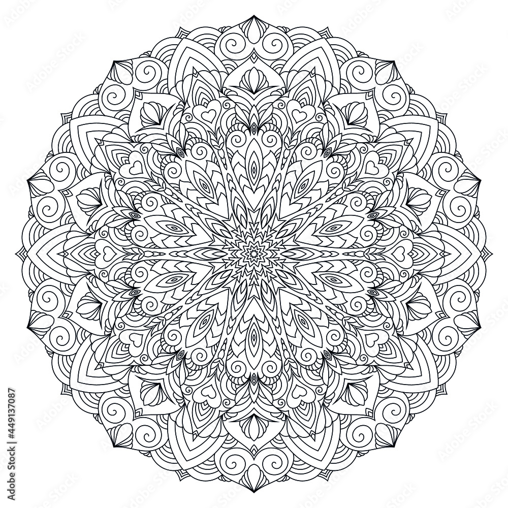 Zentangle mandala coloring book page. Zendoodle line art black and ...