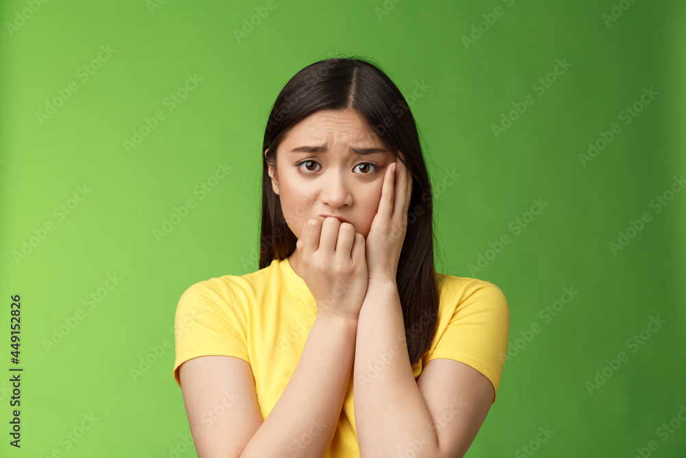 Innocent insecure timid asian scared girl panicking, standing afraid ...