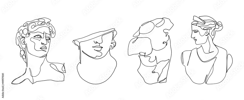 One line ancient greek sculptures. Greece mythology statues hand drawn ...