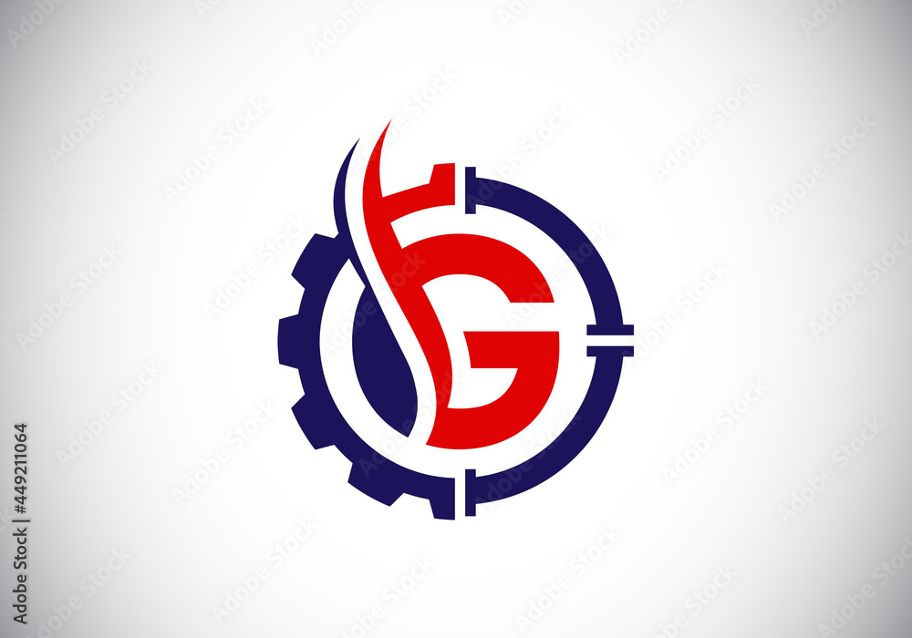 Initial G monogram alphabet with gear pipe and flame. Oil and gas logo ...