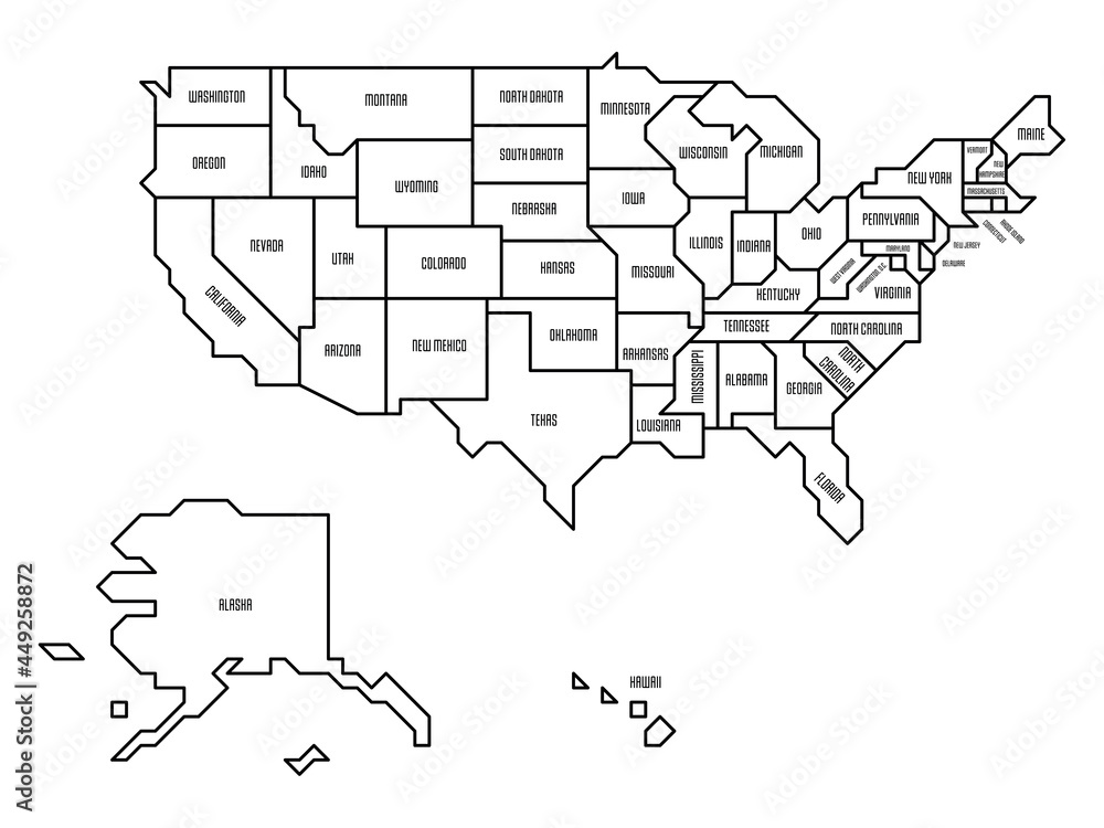 Black outline simplified map of USA, United States of America. Retro ...