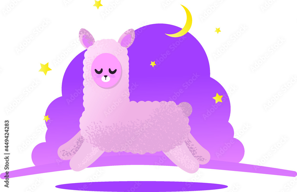Childrens illustration of sleeping lama with moon and stars in purple ...