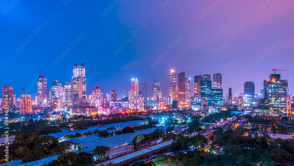 The glowing skyline of downtown Mumbai- Lower Parel and Worli at night ...